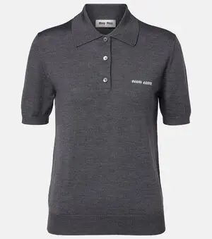 Miu Miu Logo Wool Polo Sweater - Grey