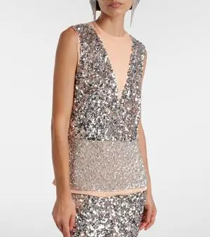 Rabanne Sequined Jersey Top - Silver