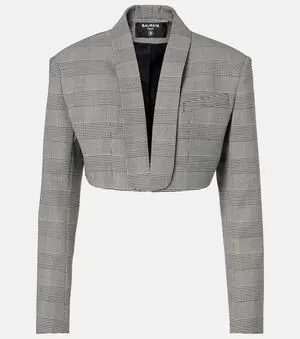 Balmain Houndstooth Cropped Wool-blend Blazer - Black