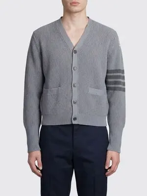 Thom Browne Ribbed Cardigan With Four Bar Detail - Grey