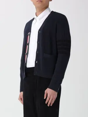 Thom Browne Ribbed Cardigan With Four Bar Detail - Navy