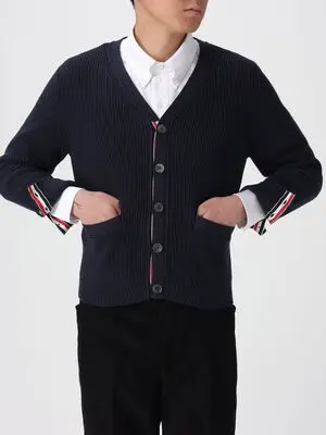 Thom Browne Ribbed Cardigan With Four Bar Detail - Navy