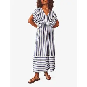 RO&ZO Striped V-neck Linen-cotton Midi Dress