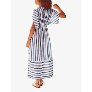 RO&ZO Striped V-neck Linen-cotton Midi Dress