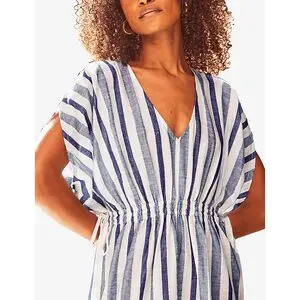 RO&ZO Striped V-neck Linen-cotton Midi Dress