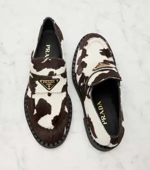 Prada Chocolate Cow-print Calf Hair Loafers - Brown
