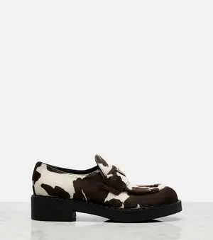Prada Chocolate Cow-print Calf Hair Loafers - Brown