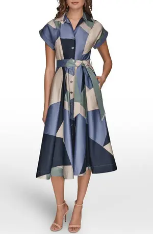 Donna Karan New York Patchwork Belted Midi Shirtdress