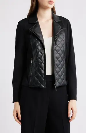 Anne Klein Quilted Mixed Media Moto Jacket