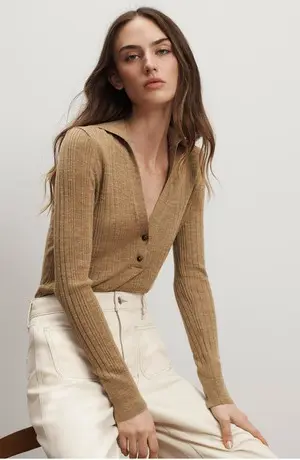 Veronica Beard Rouni Johnny Collar Wool Sweater - Dark Khaki