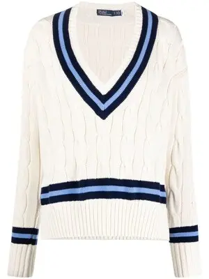 Polo Ralph Lauren V-neck Cable Knit Sweater - White