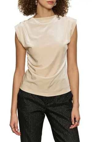 Sanctuary Pleated Sleeve Velvet Top - Light Oat Beige