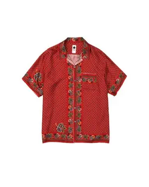 VOWELS Short Sleeve Silk Scarf Shirt - Red