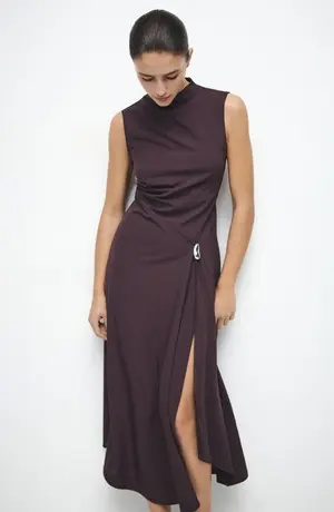 Mango Mock Neck A-line Midi Dress - Wine