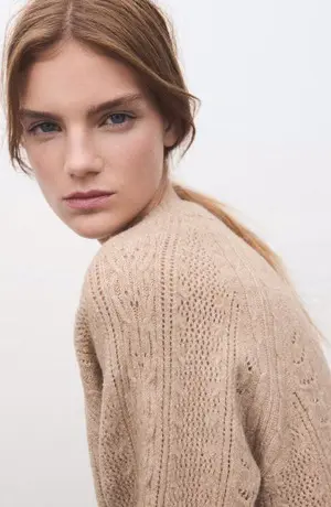 Mango Pointelle Crewneck Sweater - Medium Brown