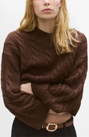Mango Cable Knit V-neck Sweater - Brown