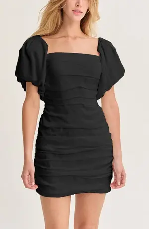 CRESCENT Puff Sleeves Ruched Mini Dress - Black
