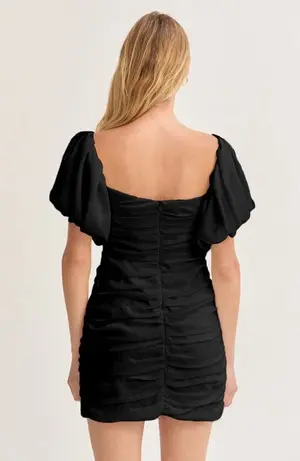CRESCENT Puff Sleeves Ruched Mini Dress - Black