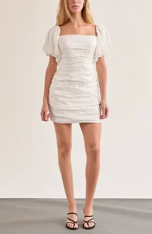 CRESCENT Puff Sleeves Ruched Mini Dress