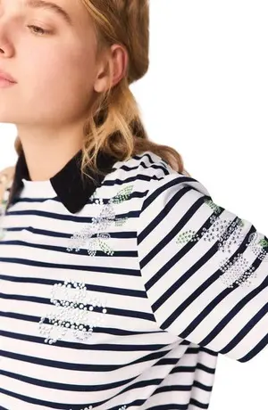 Maje Striped Rhinestone Flower T-shirt