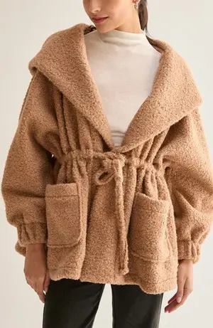 CRESCENT Cinched Waist Hooded Boucle Jacket - Mocha