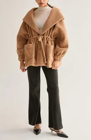CRESCENT Cinched Waist Hooded Boucle Jacket - Mocha