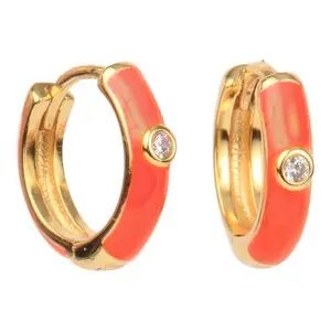 COLOR SHOUT Mini Enamel Huggie Hoops With Zircon Stones Orange