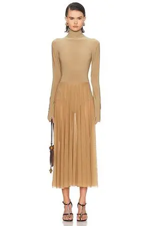 Norma Kamali Long Sleeve Turtleneck Flared Midi Dress