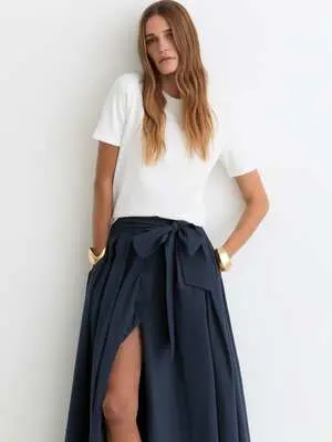 REISS Simone Cotton-blend Pleated Maxi Skirt - Navy