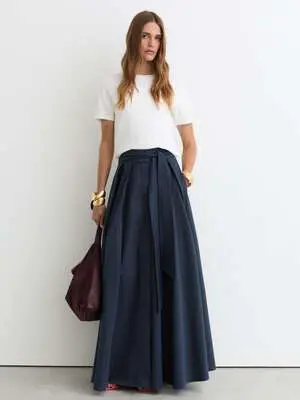 REISS Simone Cotton-blend Pleated Maxi Skirt - Navy