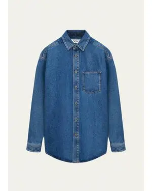 Loewe Anagram-sleeve Denim Overshirt - Medium Blue Denim