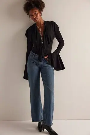 Norma Kamali Long-sleeve Deep-v Ruffle Bodysuit - Black