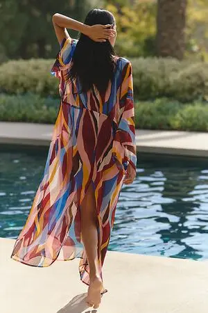 Anthropologie Patterned Sheer Kaftan - Burgundy Print