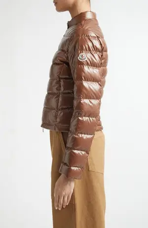 Moncler Papillon Crop Lacquered Nylon Puffer Jacket - Brown