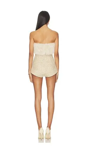 Retrofete Concetta Tweed Romper With Faux Fur Trim