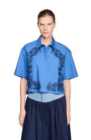 Sandro Embroidered And Beaded Cotton Shirt