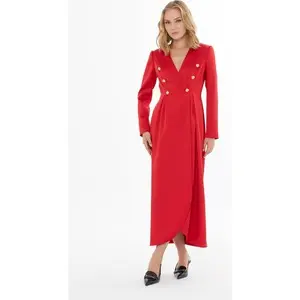 GIZIA Button Detail V-neck Maxi Dress - Red
