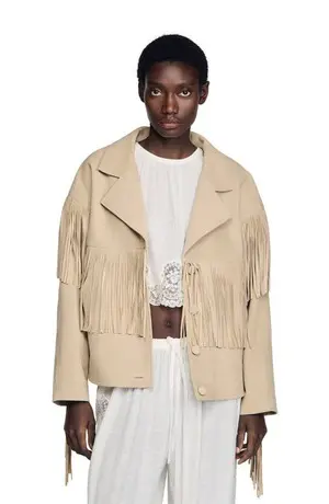 Sandro Fringed Suede Jacket - Beige