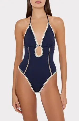 MILLY Cutout Crochet Trim One-piece Swimsuit - Navy