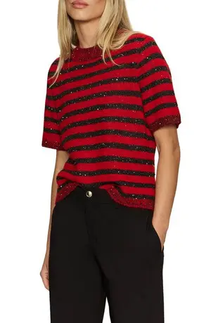 Sanctuary Striped Sequined Sweater - Cherry Lacquer Red
