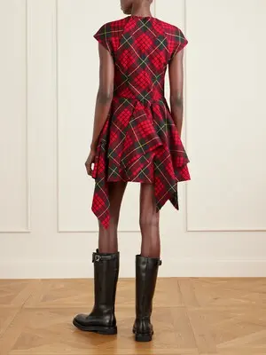 Alexander McQueen Asymmetric Layered Pleated Checked Woven Mini Dress