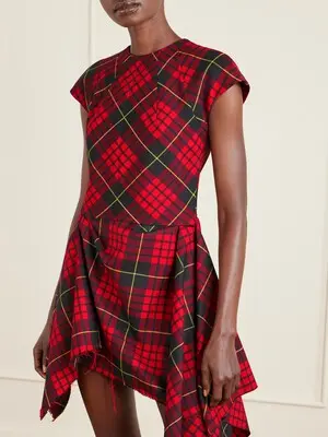 Alexander McQueen Asymmetric Layered Pleated Checked Woven Mini Dress
