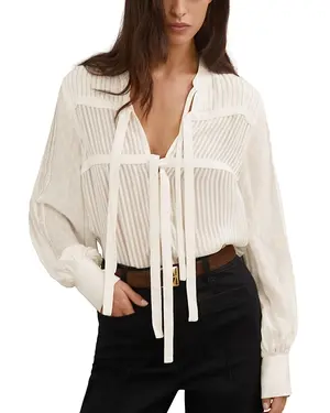REISS Shadow Stripe Tie Neck Blouse