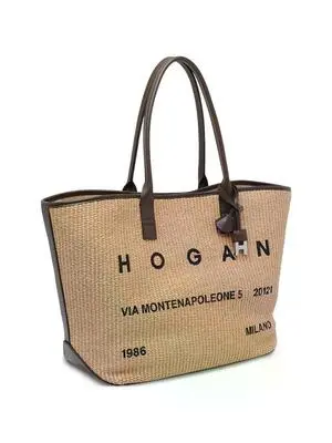 Hogan Raffia Tote Bag With Logo - Neutrals