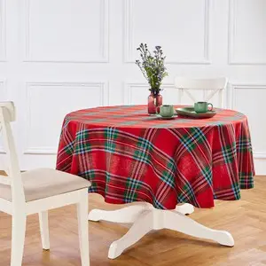 SOLINO HOME Linen Round Tableclothmadras Holiday Plaid - Red