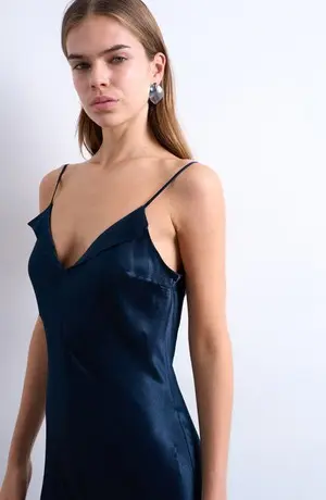 Topshop Folded Neck Satin Slip Maxi Dress - Navy