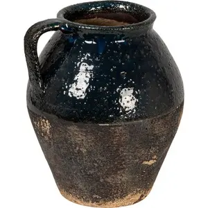 STORIED HOME Decorative Terra-cotta Pitcher/vase, Distressed Finish With Reactive Glaze - Blue
