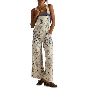 Free People Rising Sun Embroidered Wide Leg Overalls - Solar Ecru