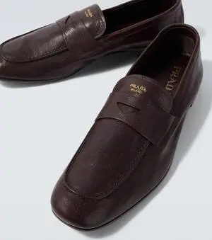Prada Logo Leather Penny Loafers - Brown