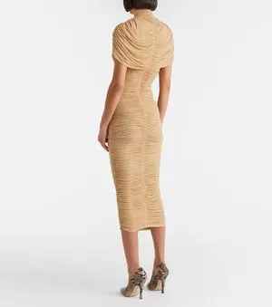 Magda Butrym Floral-appliqué Ruched Caped Jersey Midi Dress - Beige